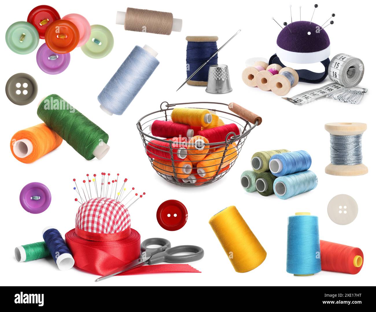 Set with different sewing stuff isolated on white Stock Photo - Alamy