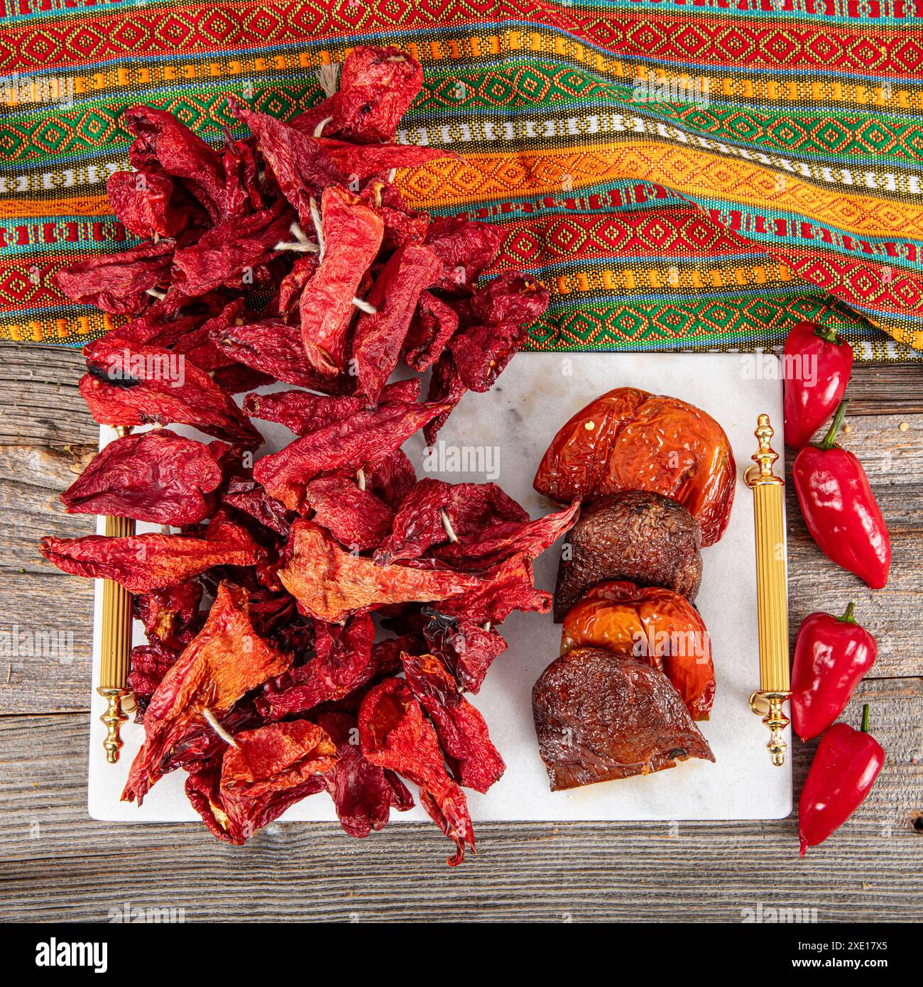 Organic dried sweet bell pepper. Dried peppers hanging in a close-up of ...