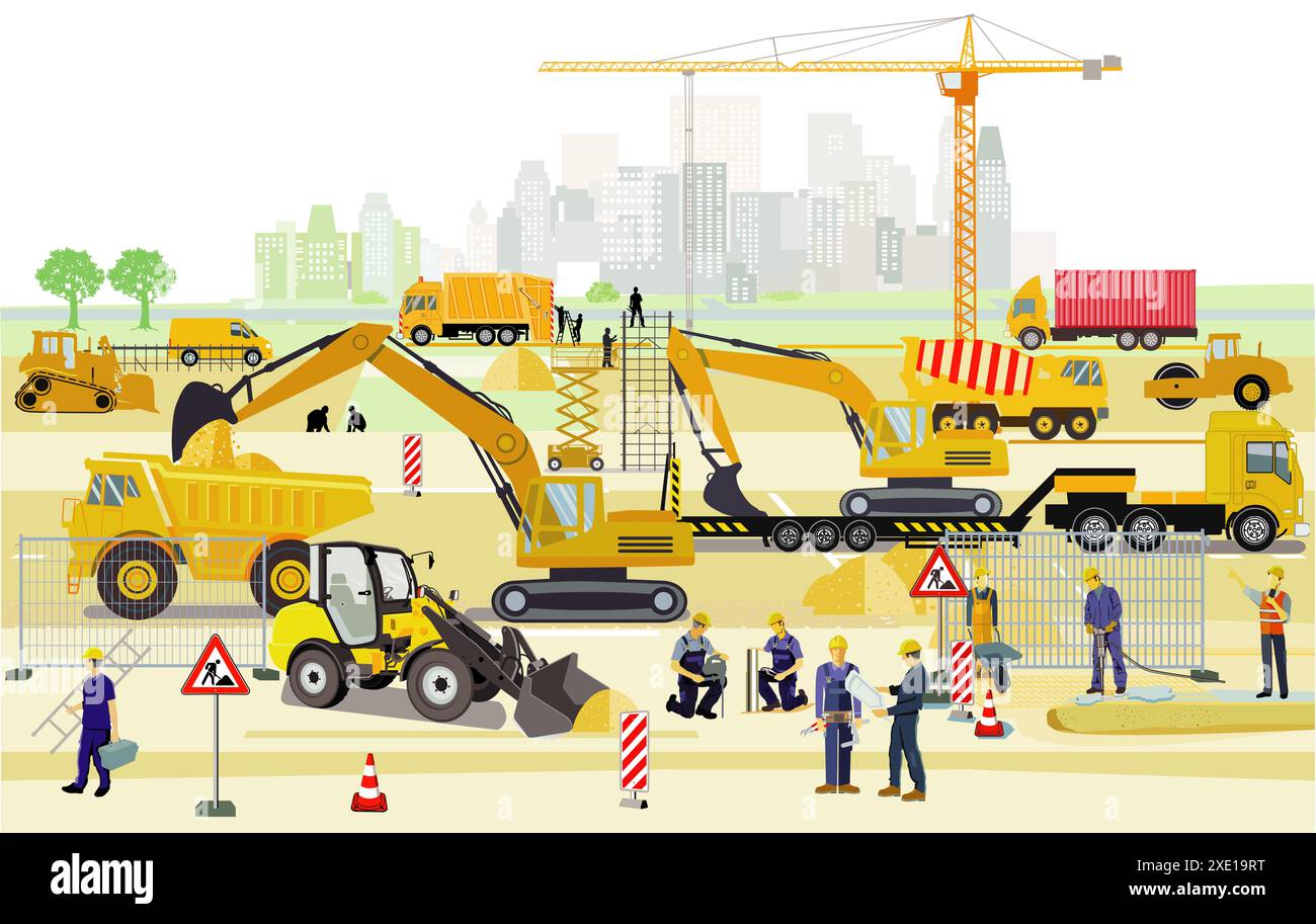 Construction site with excavators, construction machines and heavy ...