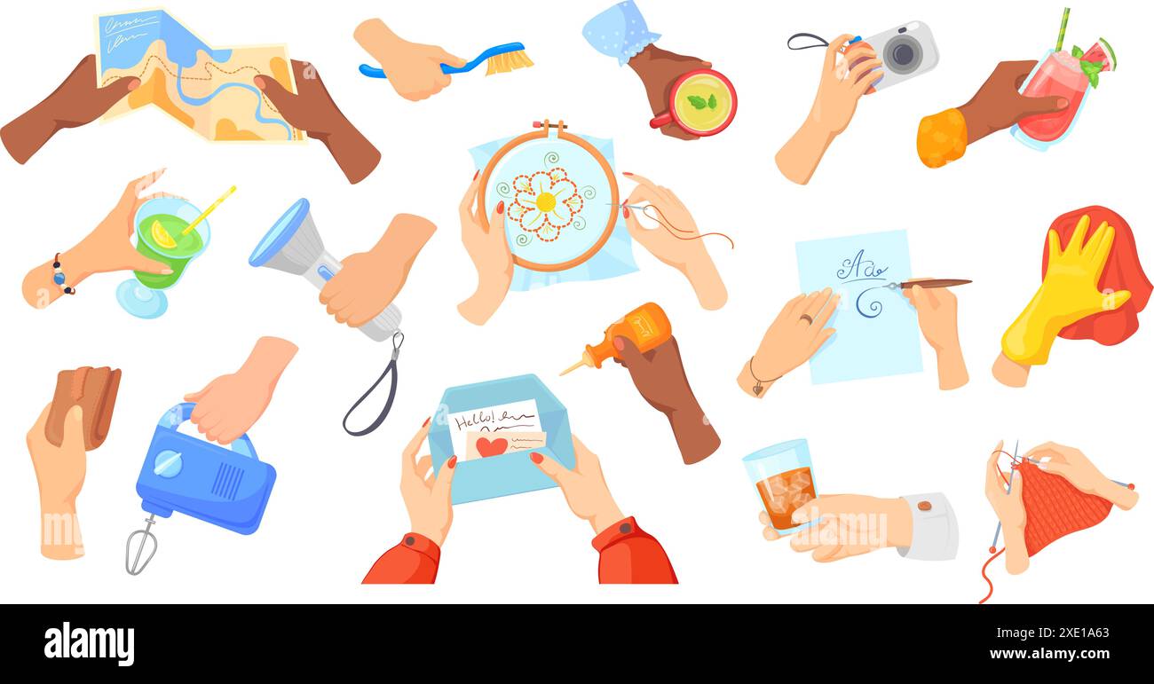 Hands holding different objects. Cartoon hand hold gesture diverse ...