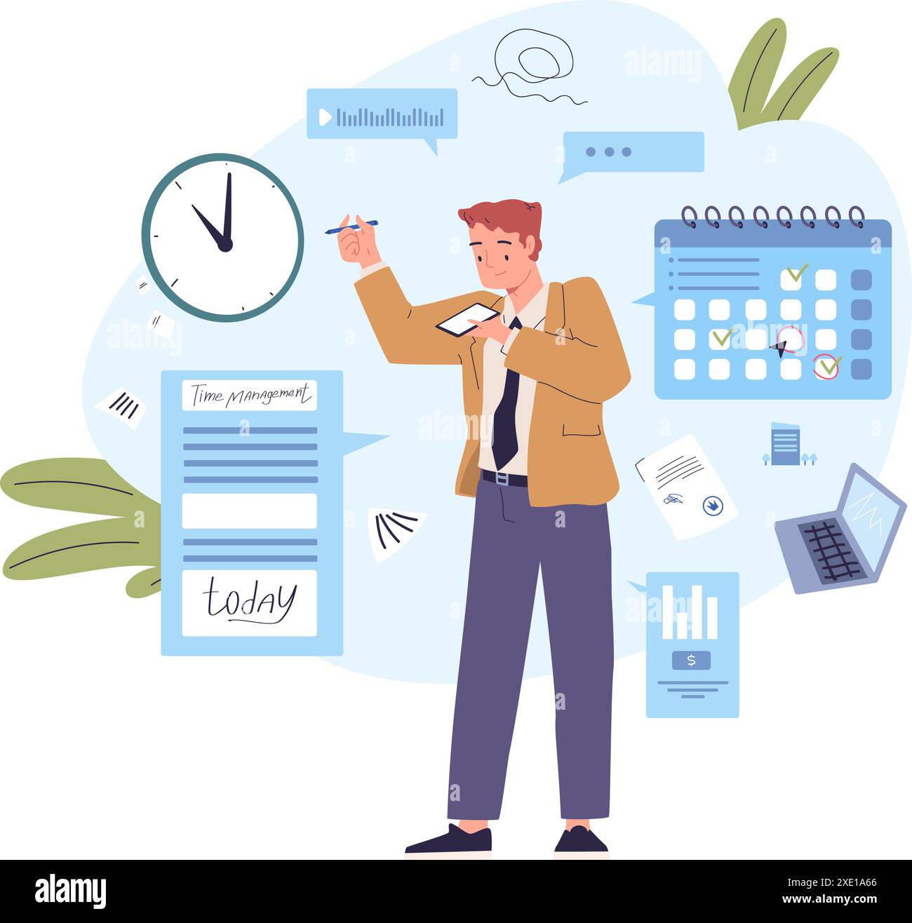 Entrepreneur monthly plan. Multitasking businessman employee manager ...