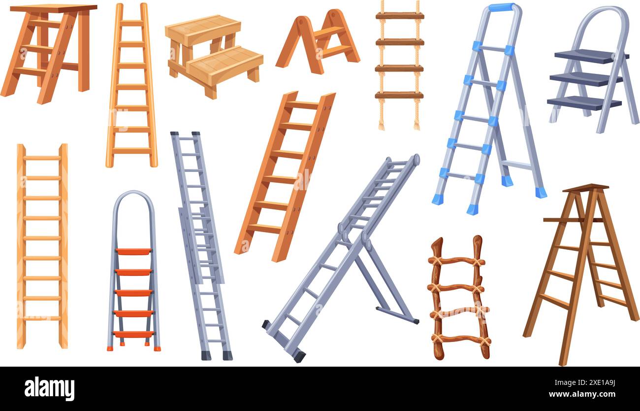 Cartoon step ladders. Tall ladder work tool, climb stairway stand high ...