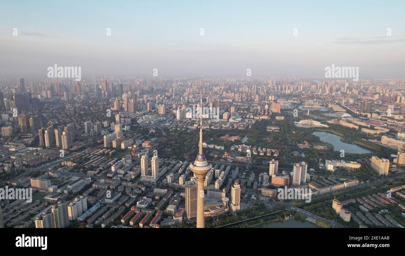 An aerial photo is showing the Radio and Television Tower in Tianjin ...