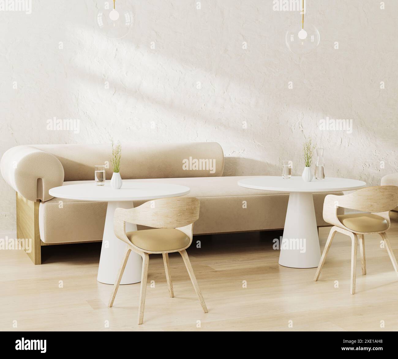 Bright and modern coffee place interior design with beige sofa, white ...