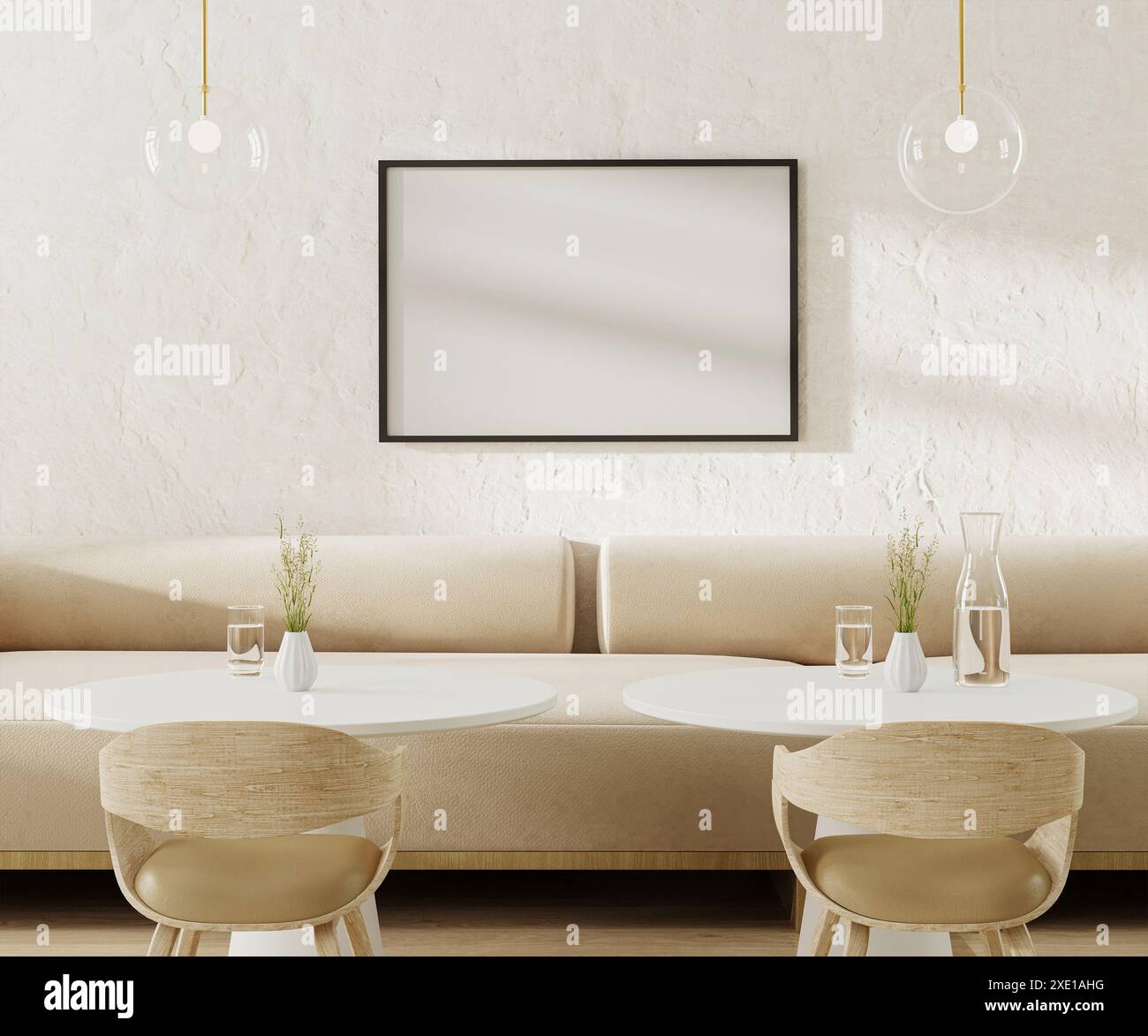 Picture frame mock up above light beige sofa in cafe with round coffee ...