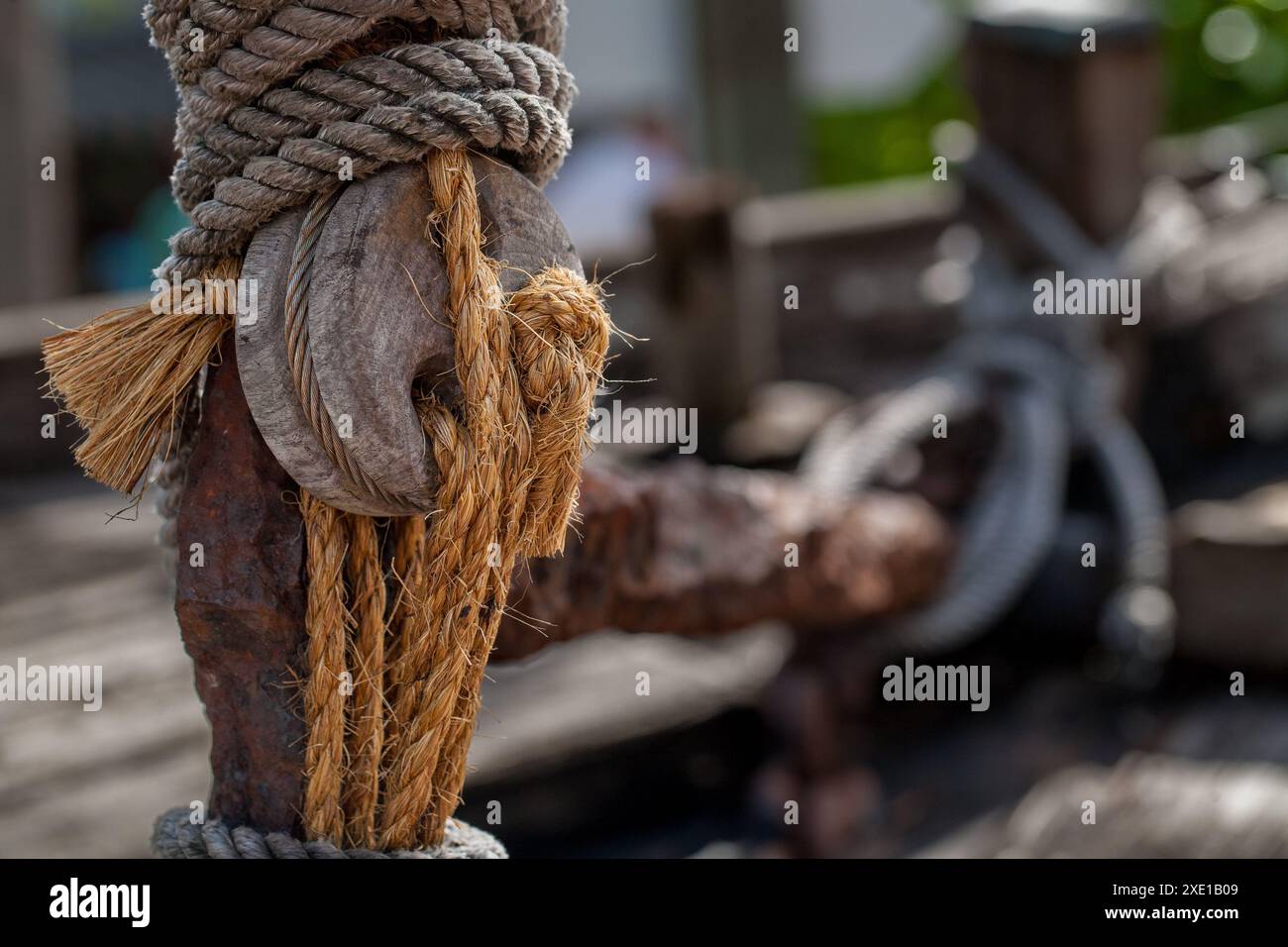 old rope and rigging lines from a boat, sailing boat rope, and tackle ...