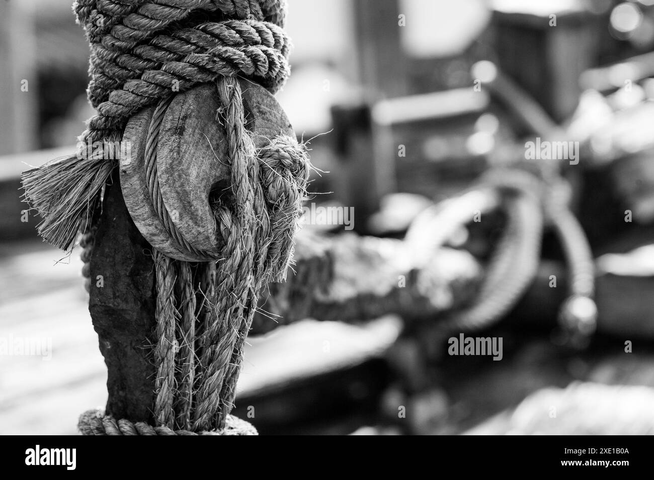 old rope and rigging lines from a boat, sailing boat rope and tackle ...