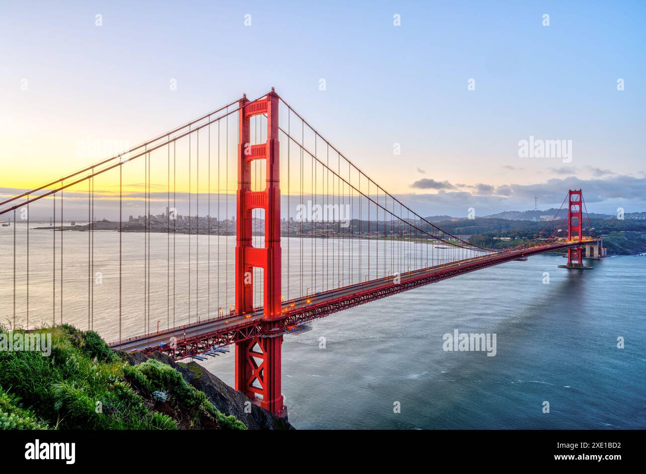 The iconic Golden Gate Bridge in San Francisco just before sunrise ...