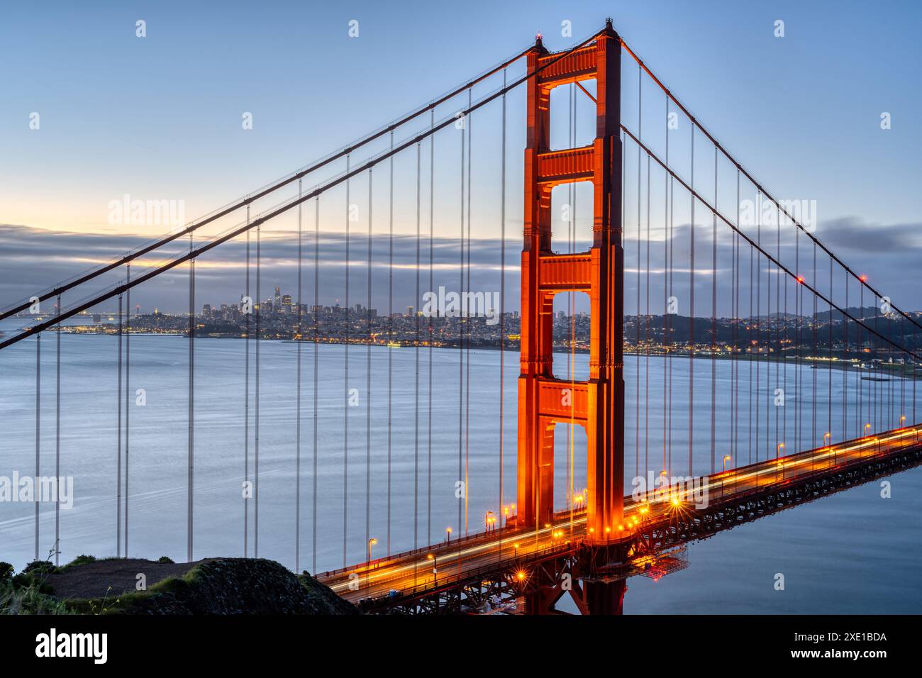 The Golden Gate Bridge with San Francisco in the back at dawn Stock ...
