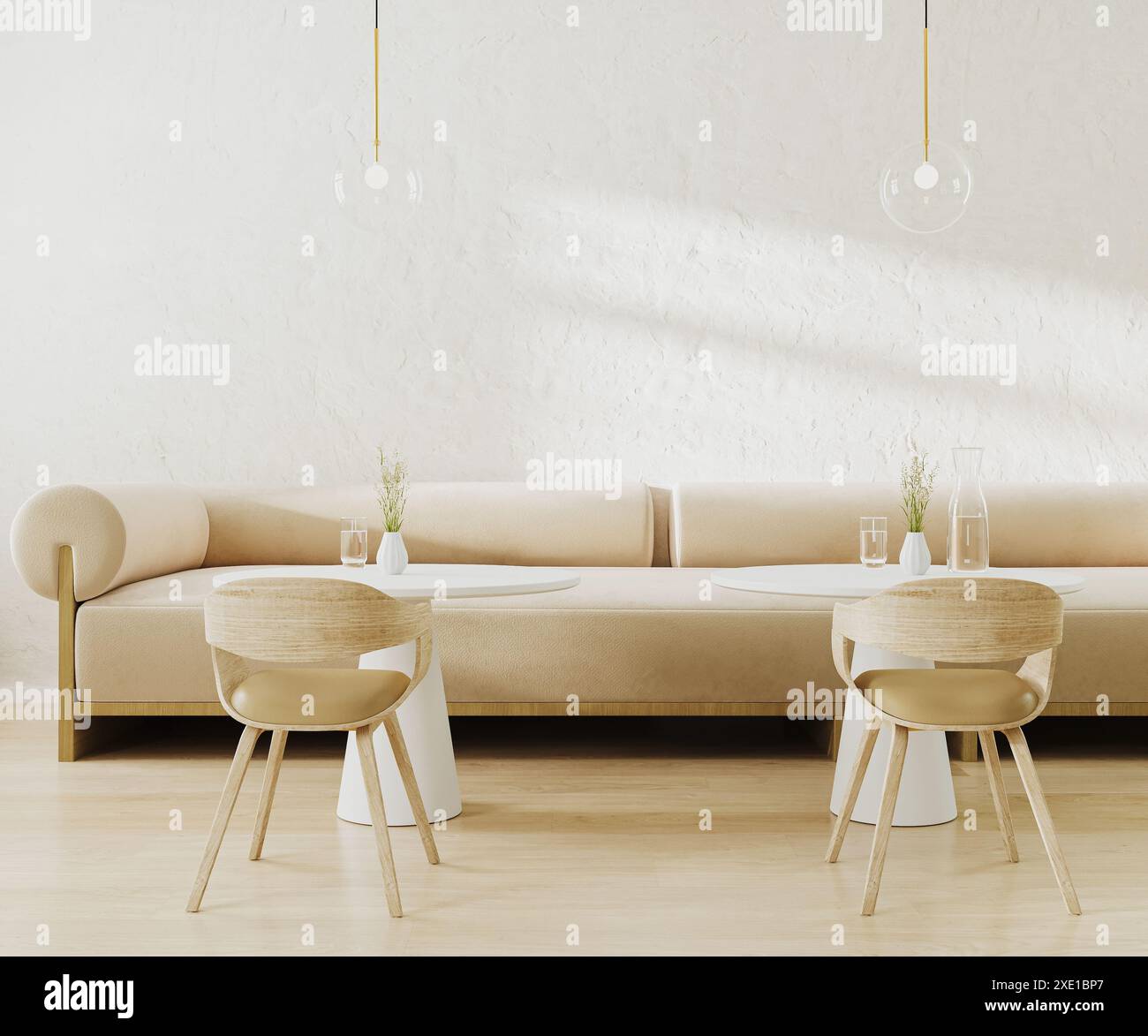 Modern cafe interior in beige tones with white stone walls, wooden ...