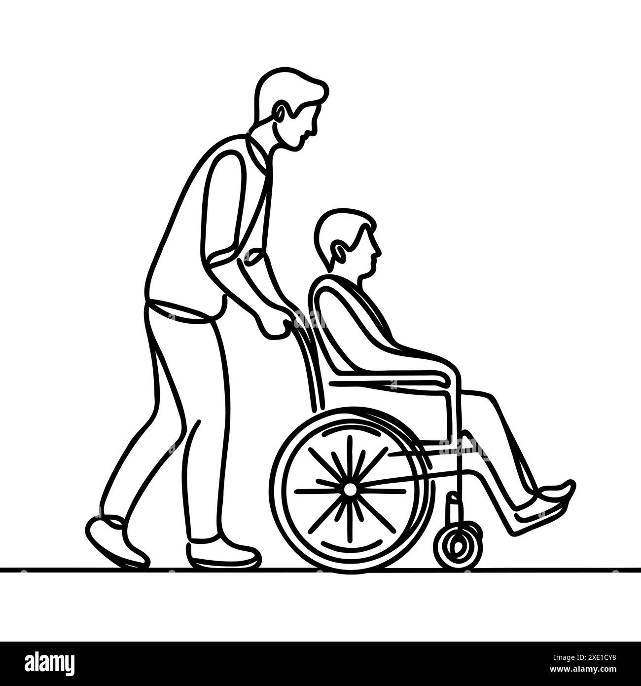 Man carries a patient in a wheelchair continuous one line vector ...
