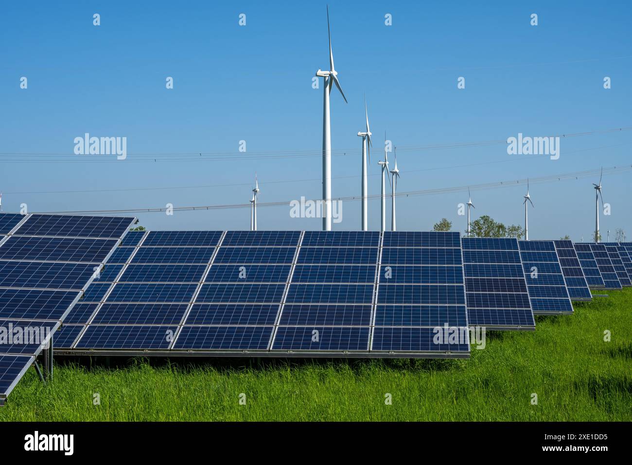Wind turbines, solar panels and power lines seen in Germany Stock Photo ...