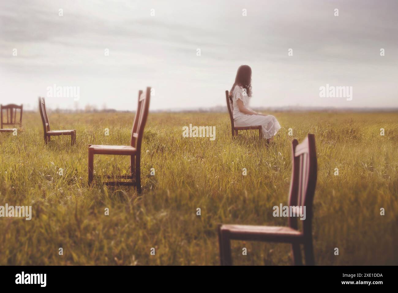 surreal lonely woman sitting on a chair in the middle of the field ...