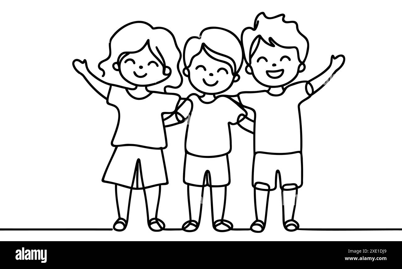 little kid hug best friend and feel happy Continuous one line drawing ...