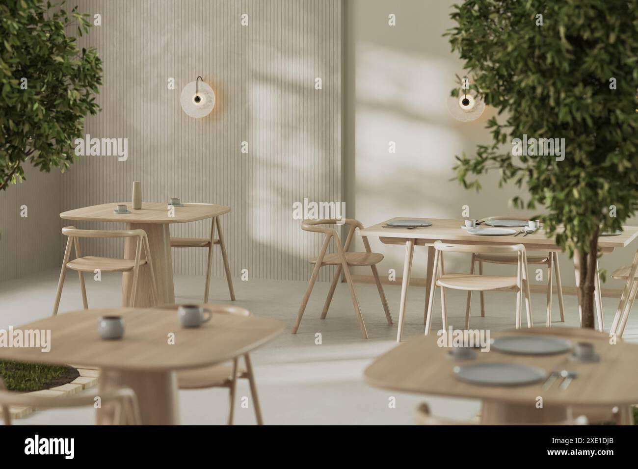 Interior of modern cafe, restaurant with wooden tables and chairs ...