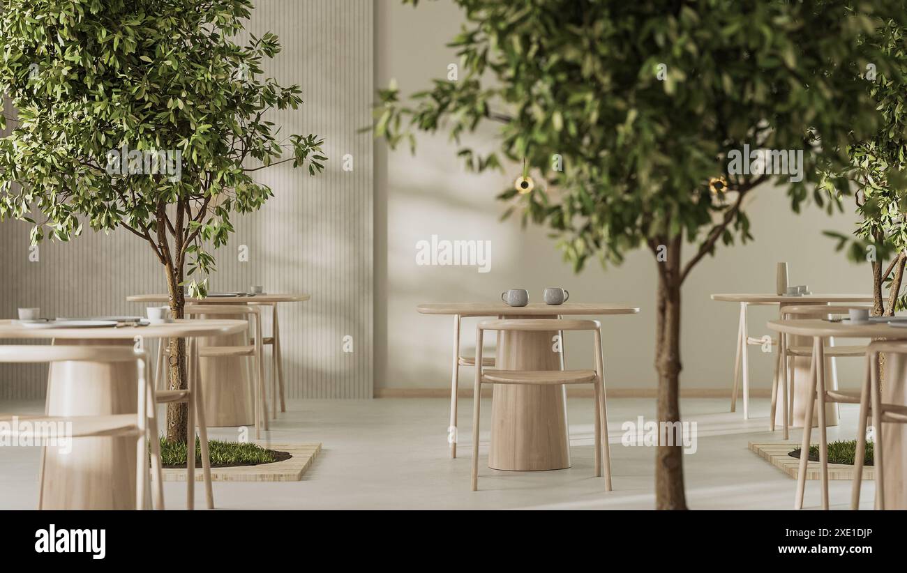Modern restaurant cafe interior. Biege tones with natural green trees ...