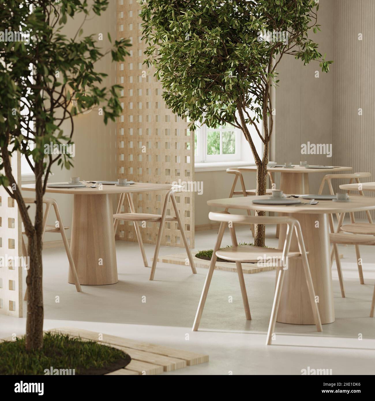 Cafe bar restaurant, 3d render. Empty restaurant interior daytime with ...