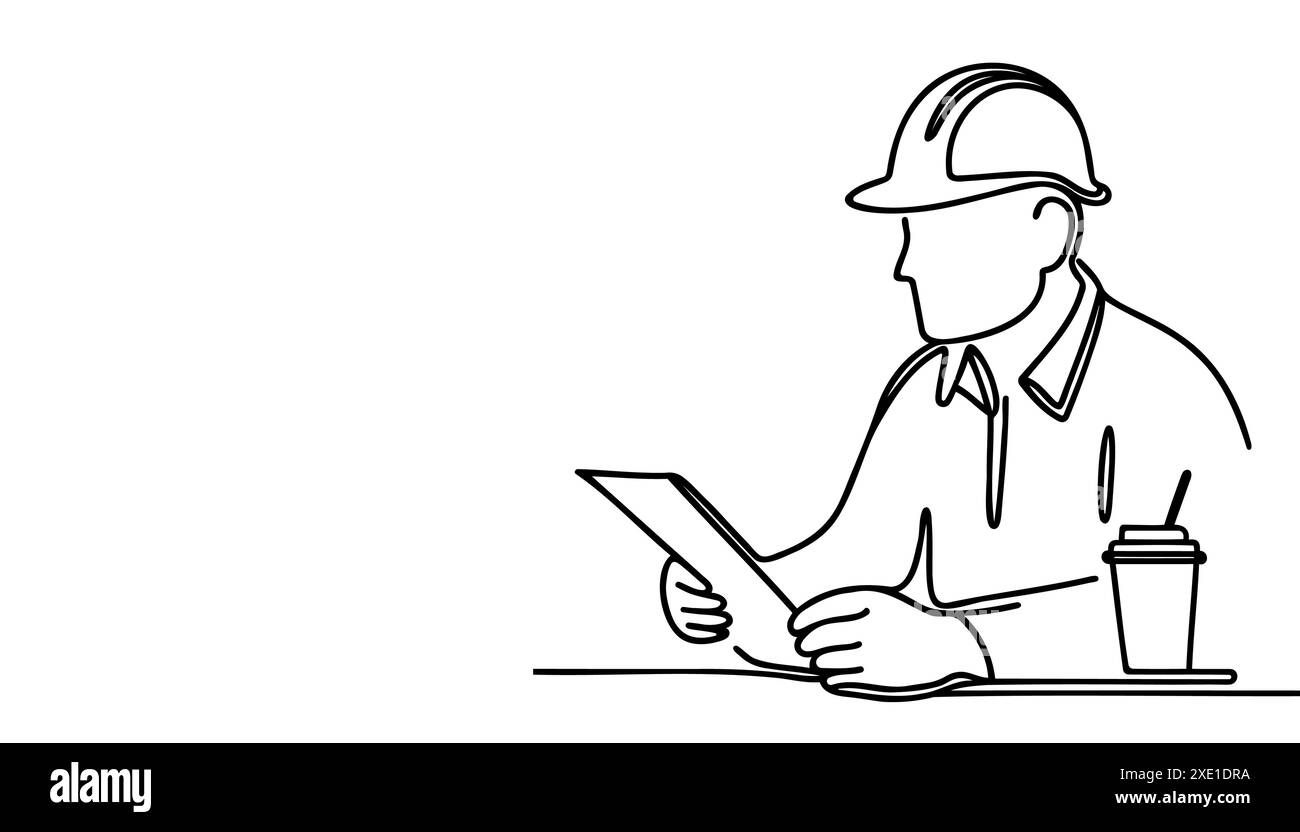 Continuous line drawing of a young man architect-engineer sitting at a ...