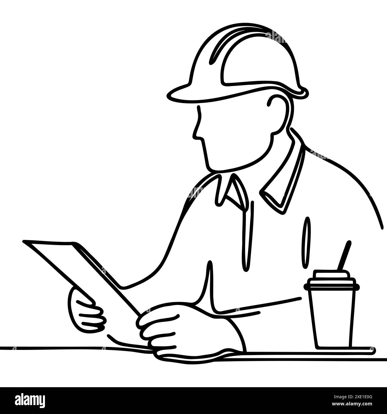 Continuous line drawing of a young man architect-engineer sitting at a ...