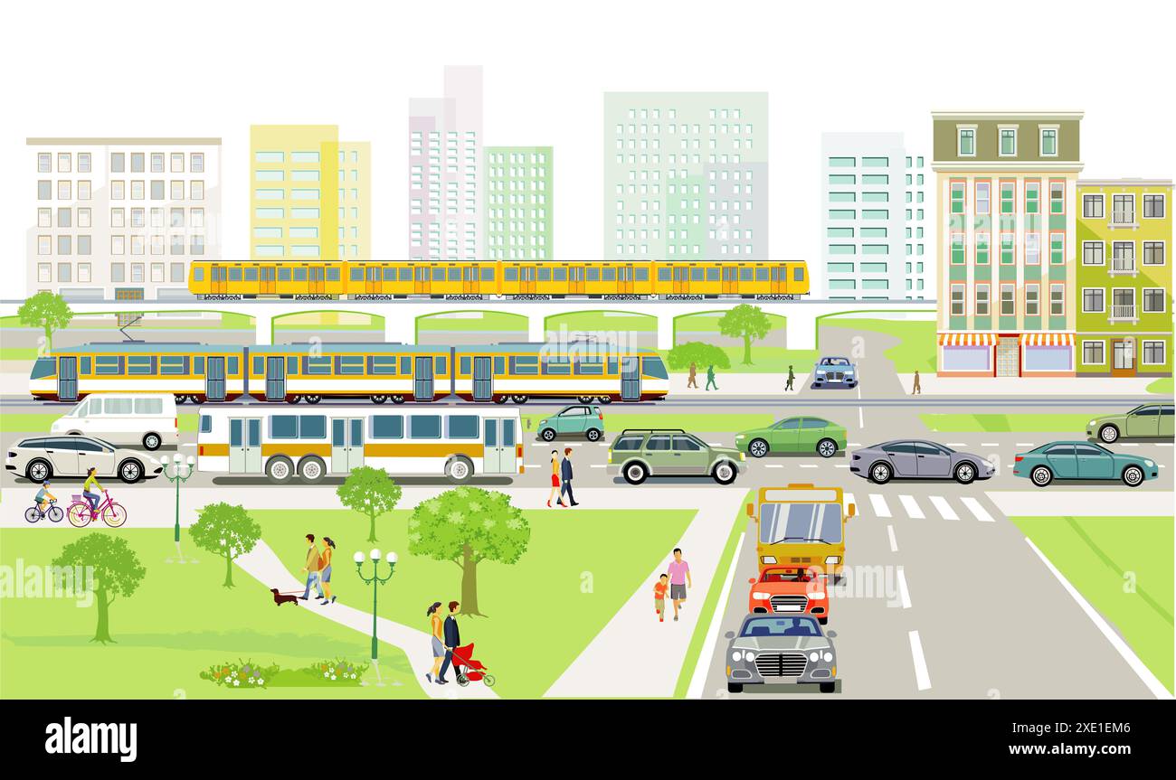 City overview with traffic and houses, information illustration Stock ...