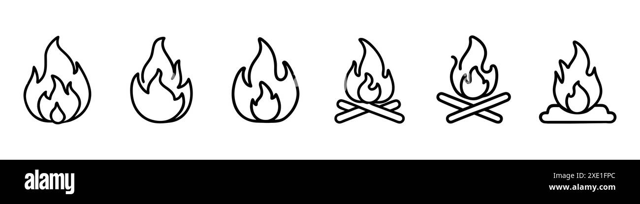 set of linear fire icons, flames, flames of various shapes, vector ...