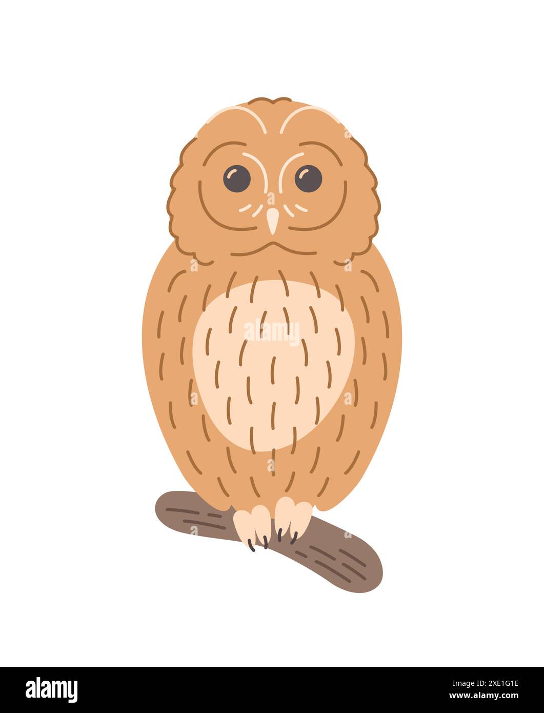 Owl on branch doodle hand drawn character. Cute forest bird in linear ...