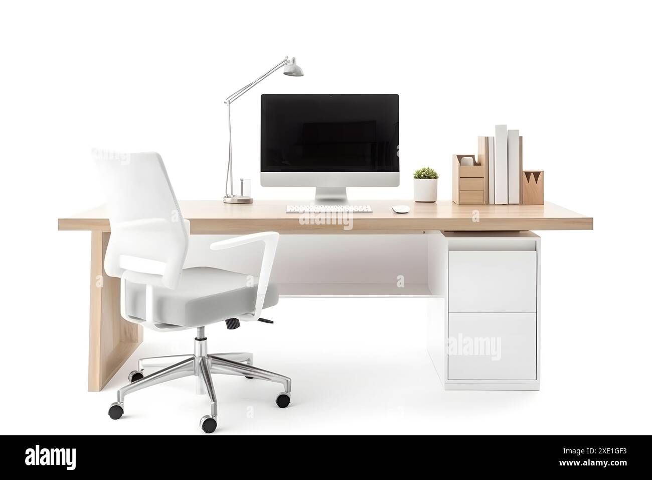 Office workplace desk in front of empty chair isolated on white ...