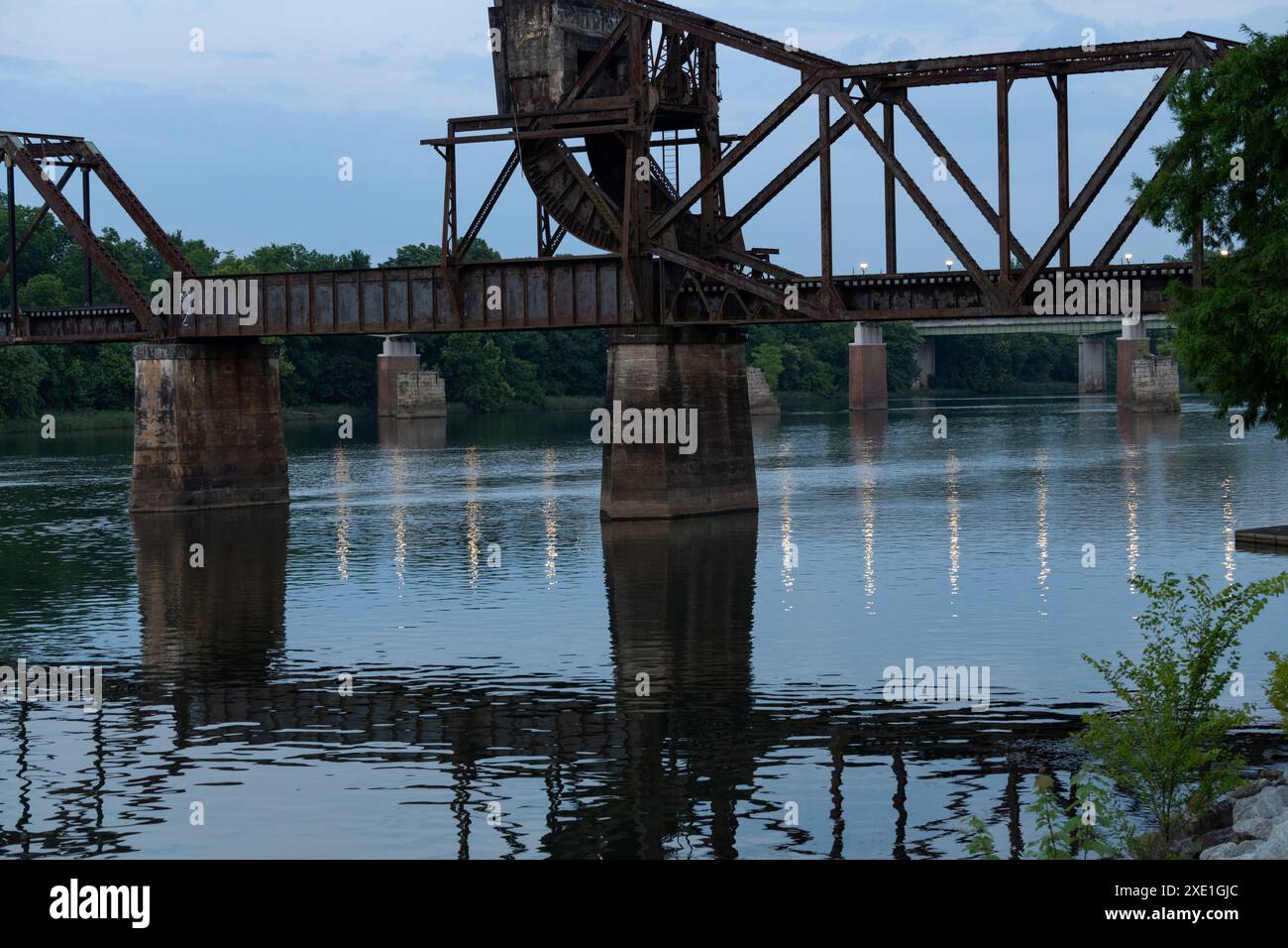Steel train bridge over the savannah river in Augusta in the blue hour ...