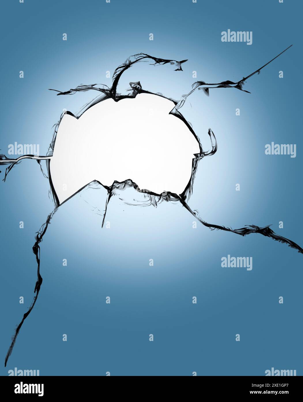 Broken glass on a blue background. Photo of a broken window with cracks ...