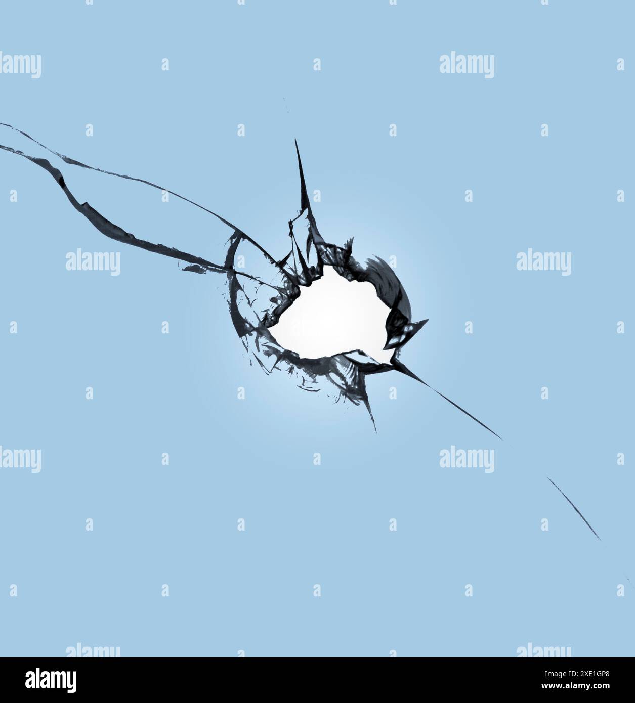 Cracked element on broken window, texture for design. A hole in the ...
