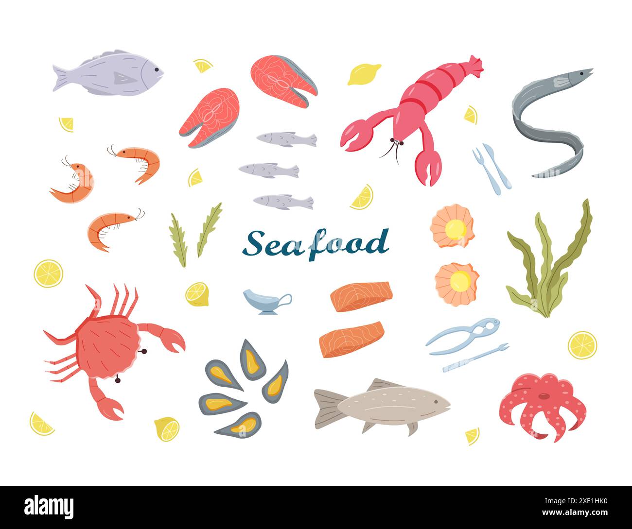 Seafood icons elements in color. Vector illustration of seafood and sea ...