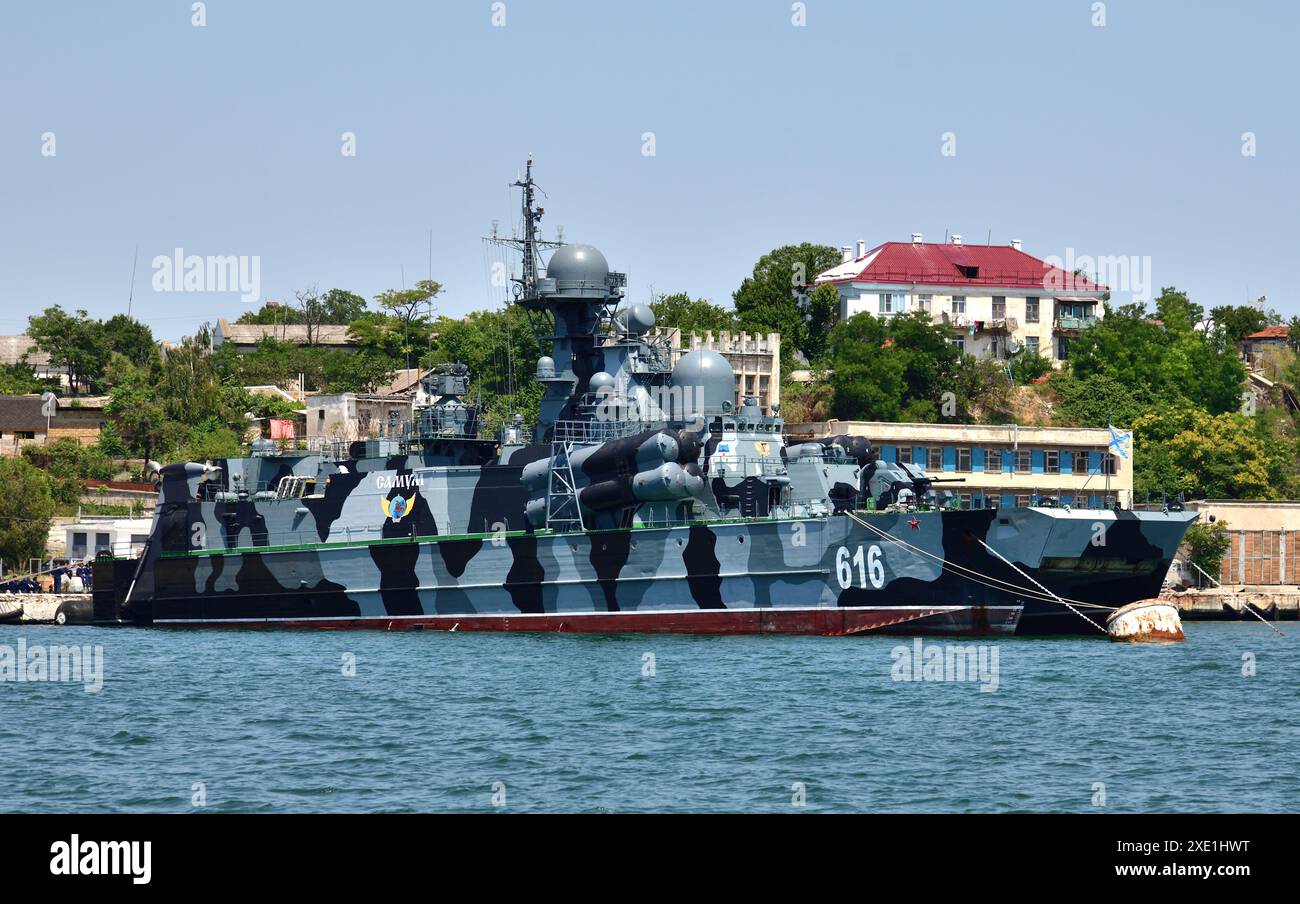 Sevastopol, Crimea - July 3, 2019. Samum is a Russian small hovercraft ...