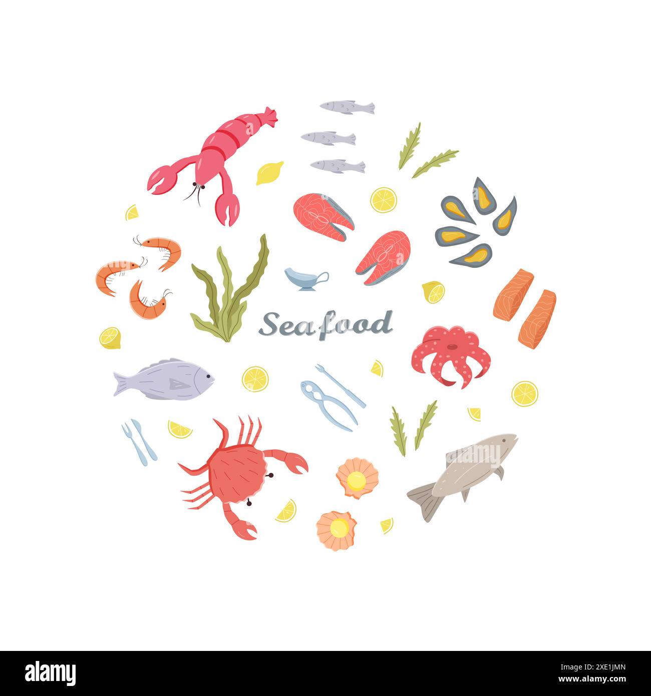 Seafood icons elements in color. Vector illustration of seafood and sea ...