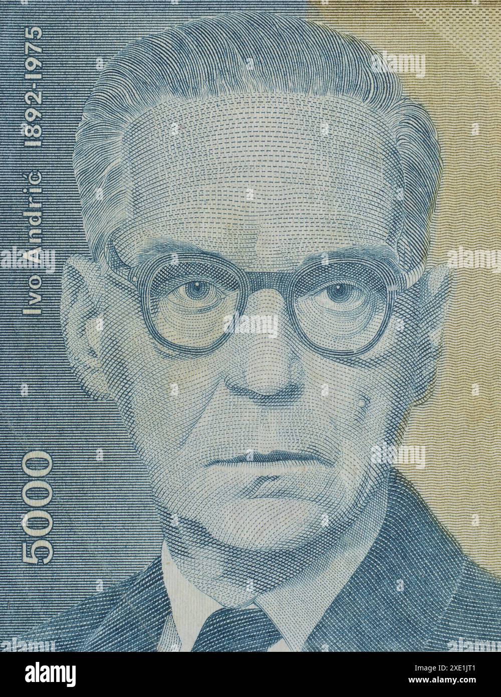 Portrait of writer Ivo Andric, detail from 5000 dinar banknote printed ...