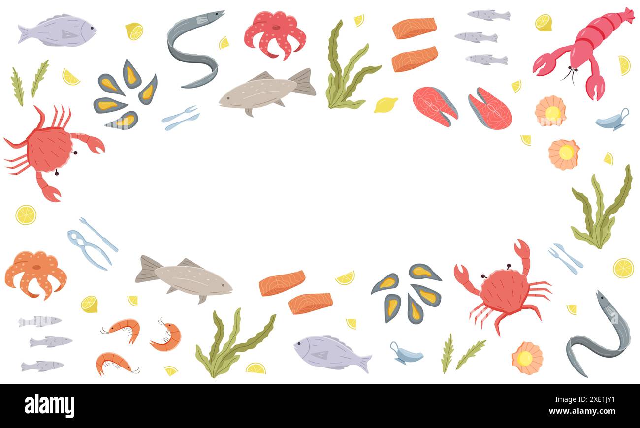 Seafood icons elements in color. Vector illustration of seafood and sea ...