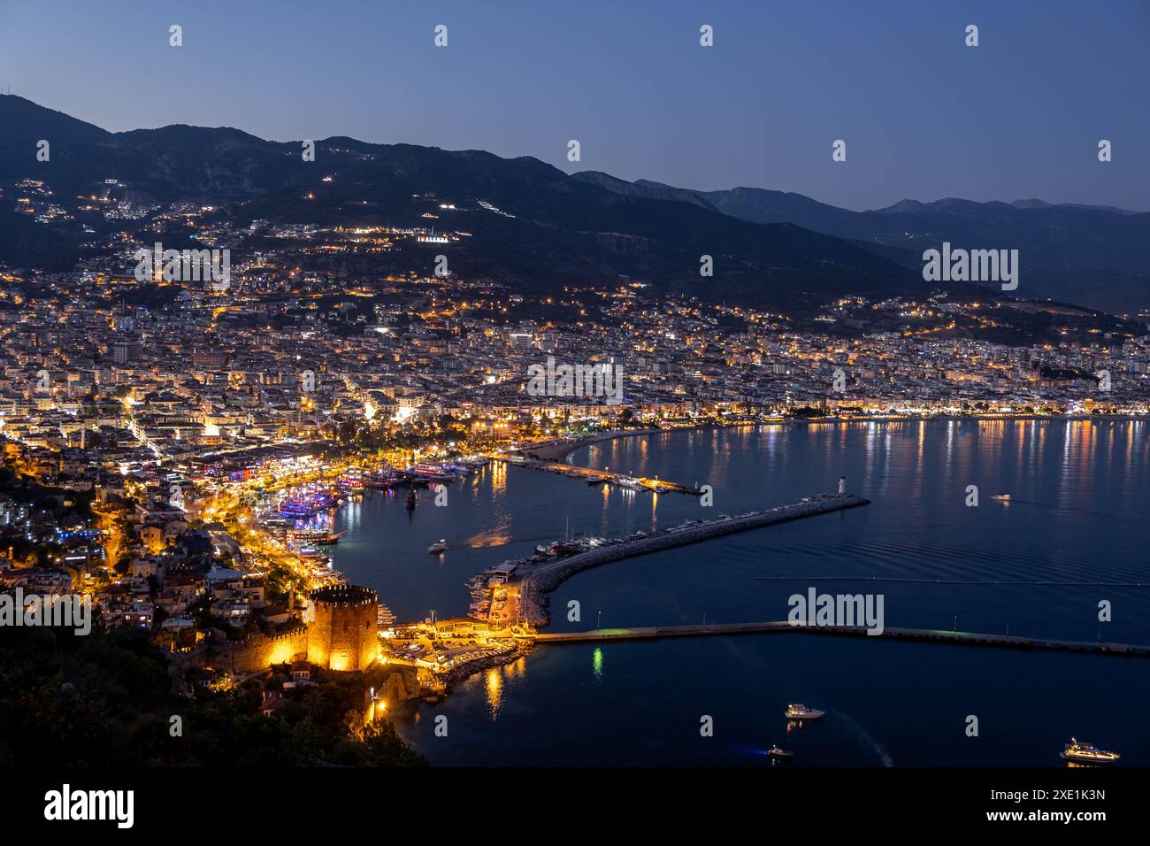 Night city. Alanya, Turkey. Beautiful lights of night city. View of ...