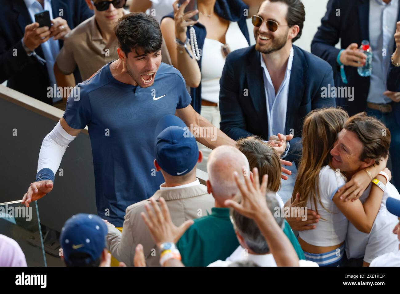 Spanish tennis player Carlos Alcaraz celebrating in the players box at ...