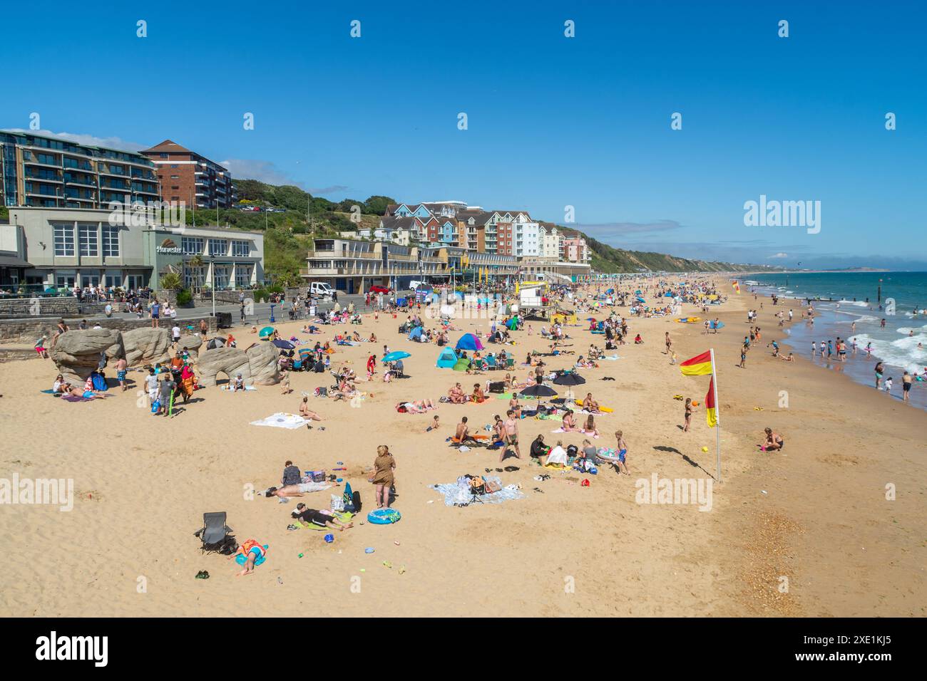 Boscombe, UK - June 23rd 2024: Apartments and beach pods overlooking ...