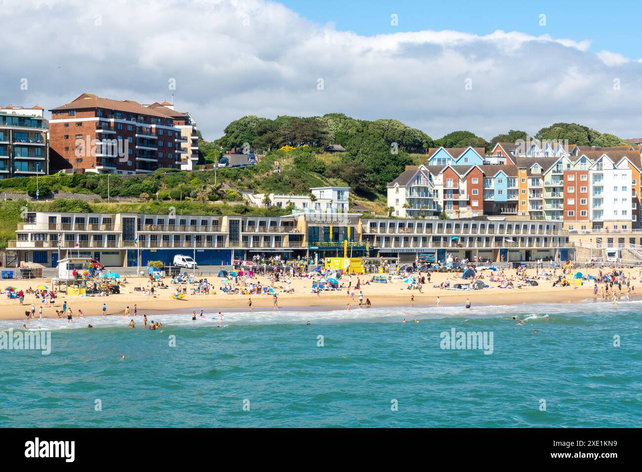 Boscombe, UK - June 23rd 2024: Apartments and beach pods overlooking ...