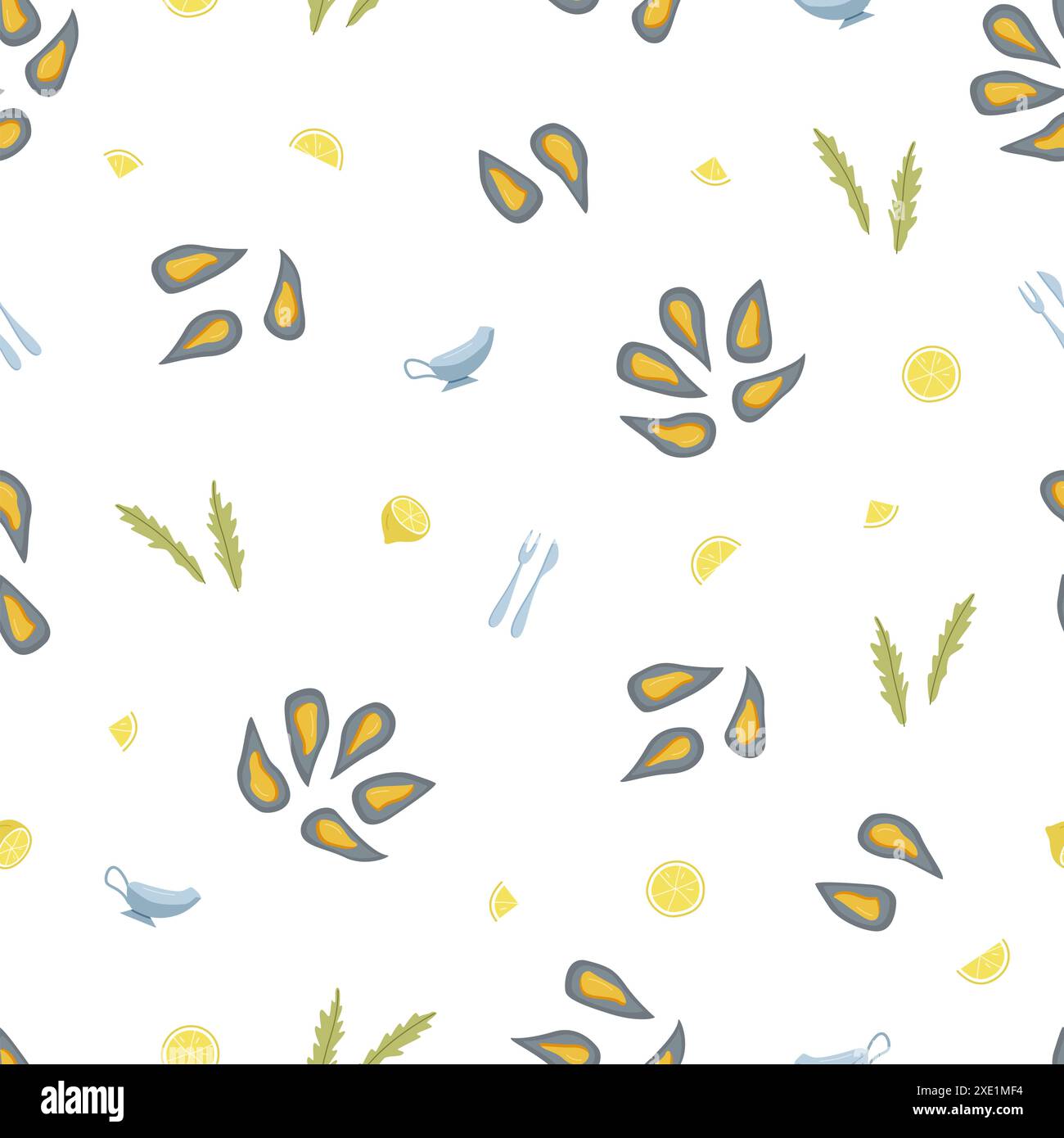 Seamless pattern of mussels, lemon and sauce. Vector illustration ...