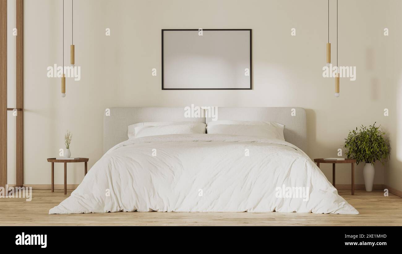 Picture frame mock up above bed in modern bedroom interior, 3d render ...