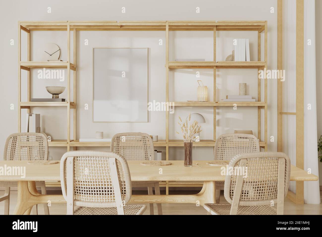 Room interior with big wooden dining table and chairs, cupboard with ...