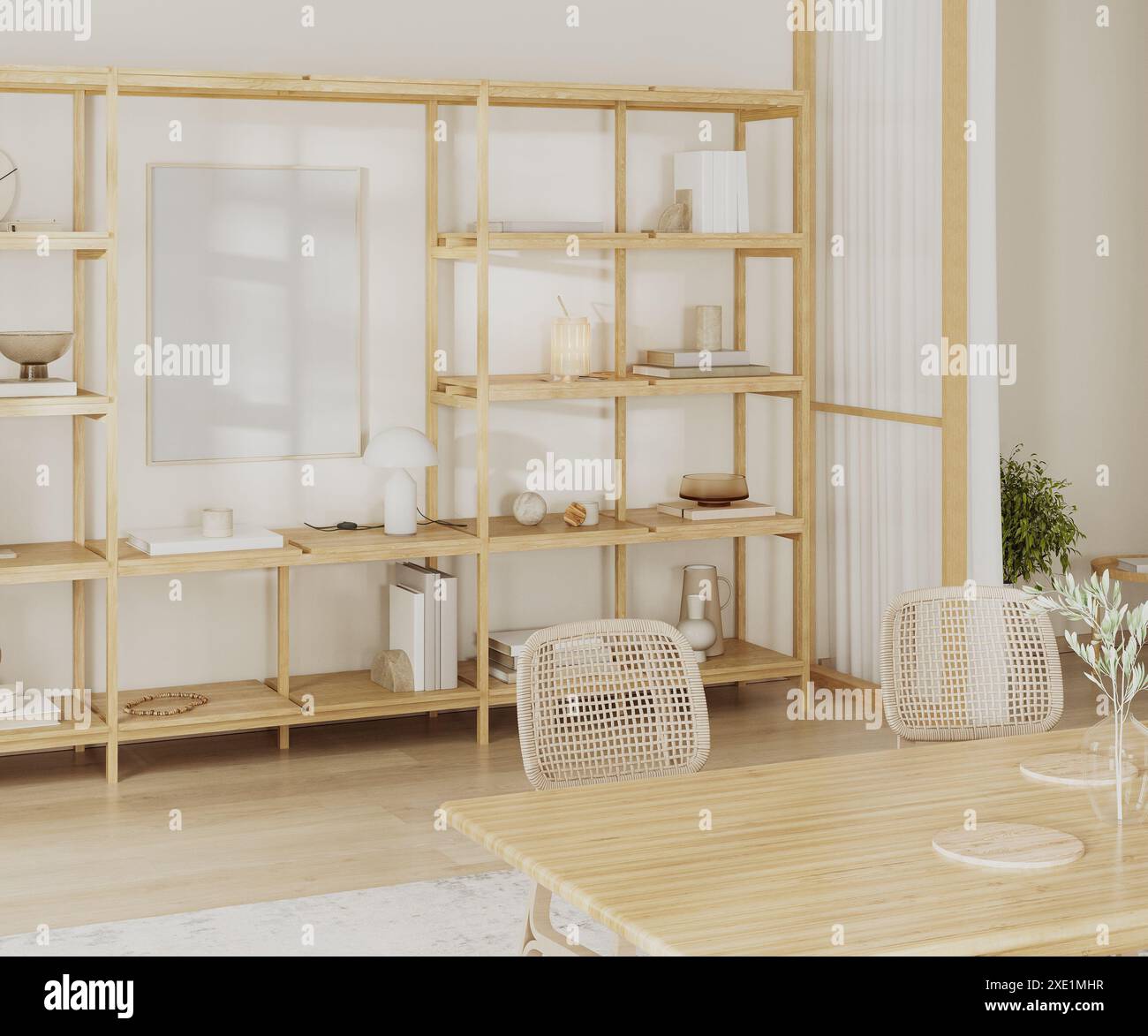 Living room interior with dining table, cupboard shelves with decor ...