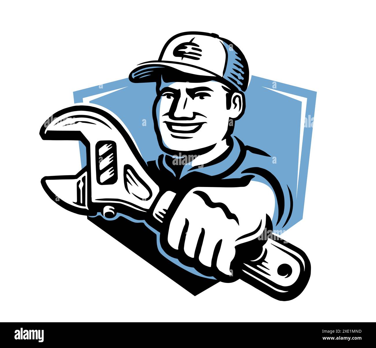 Mechanical repair service retro logo. Worker with spanner emblem ...