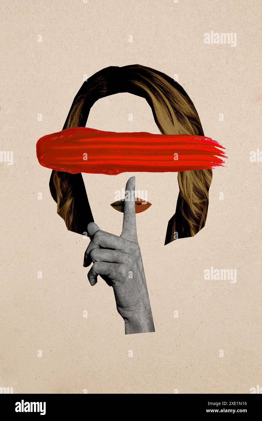 Vertical photo collage of girl without face show silent gesture finger ...