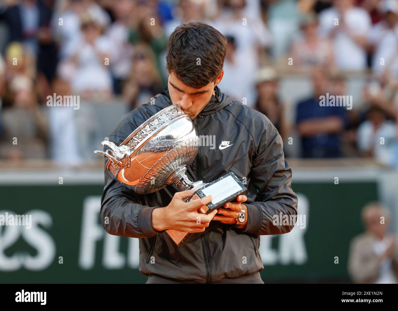 French Open 2024 winner Carlos Alcaraz kissing the trophy at Roland ... French Open 2024 winner Carlos Alcaraz kissing the trophy at Roland ...