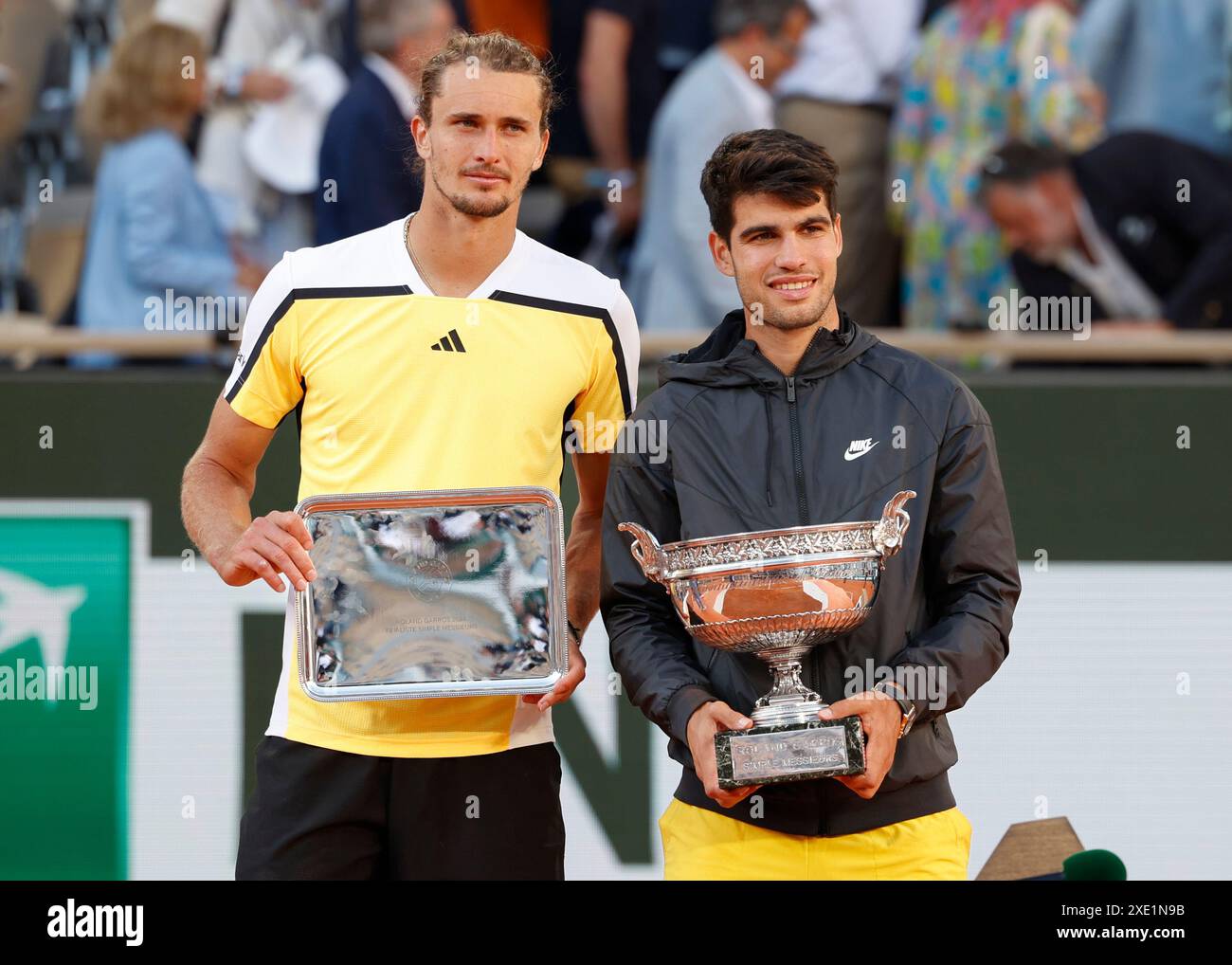 French Open 2024 Champion Carlos Alcaraz and runner up Alexander Zverev with trophies at Roland ...
