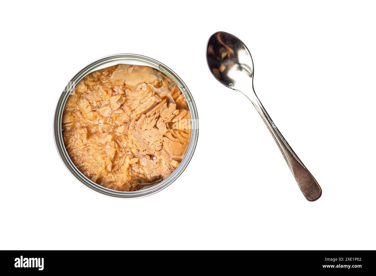 Top view of opened tin canned tuna fish in mineral water with metal ...