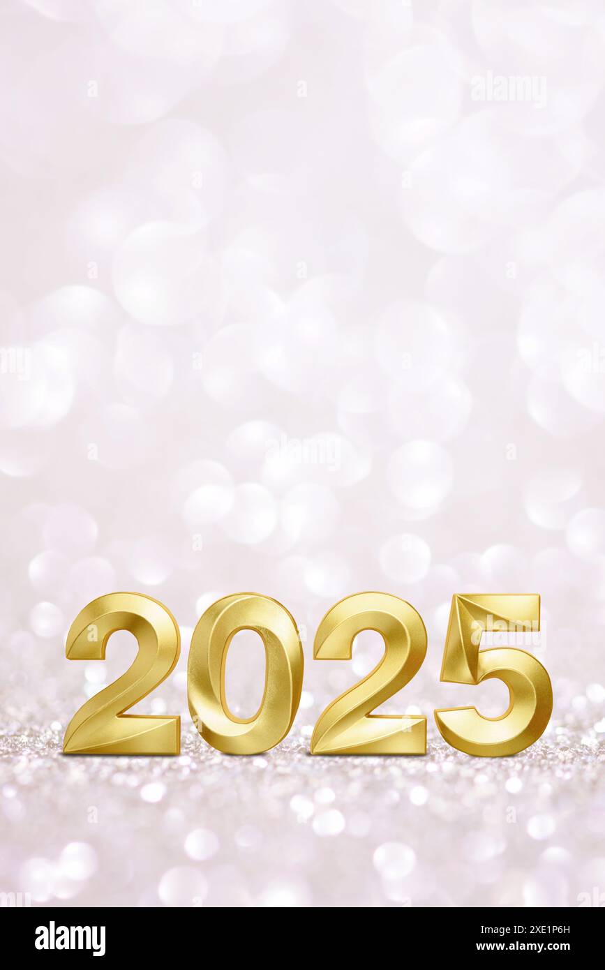 Holiday background Happy New Year 2025. Numbers of year 2025 made by gold candles on bokeh ...