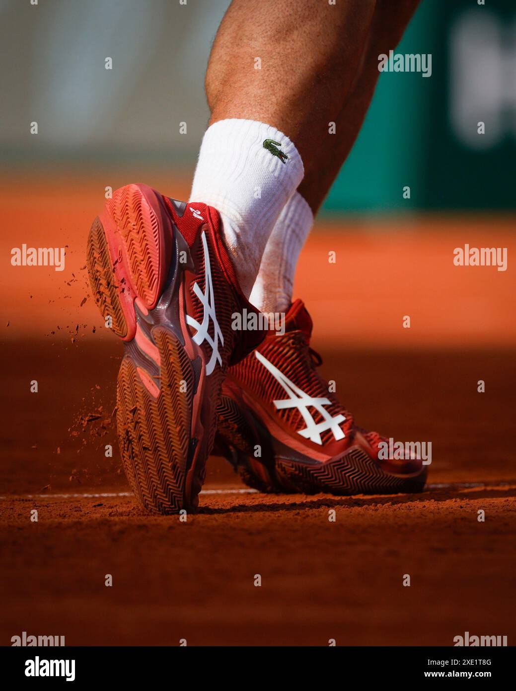 Close up of the feet of Novak Djokovic during a serve at the French ...